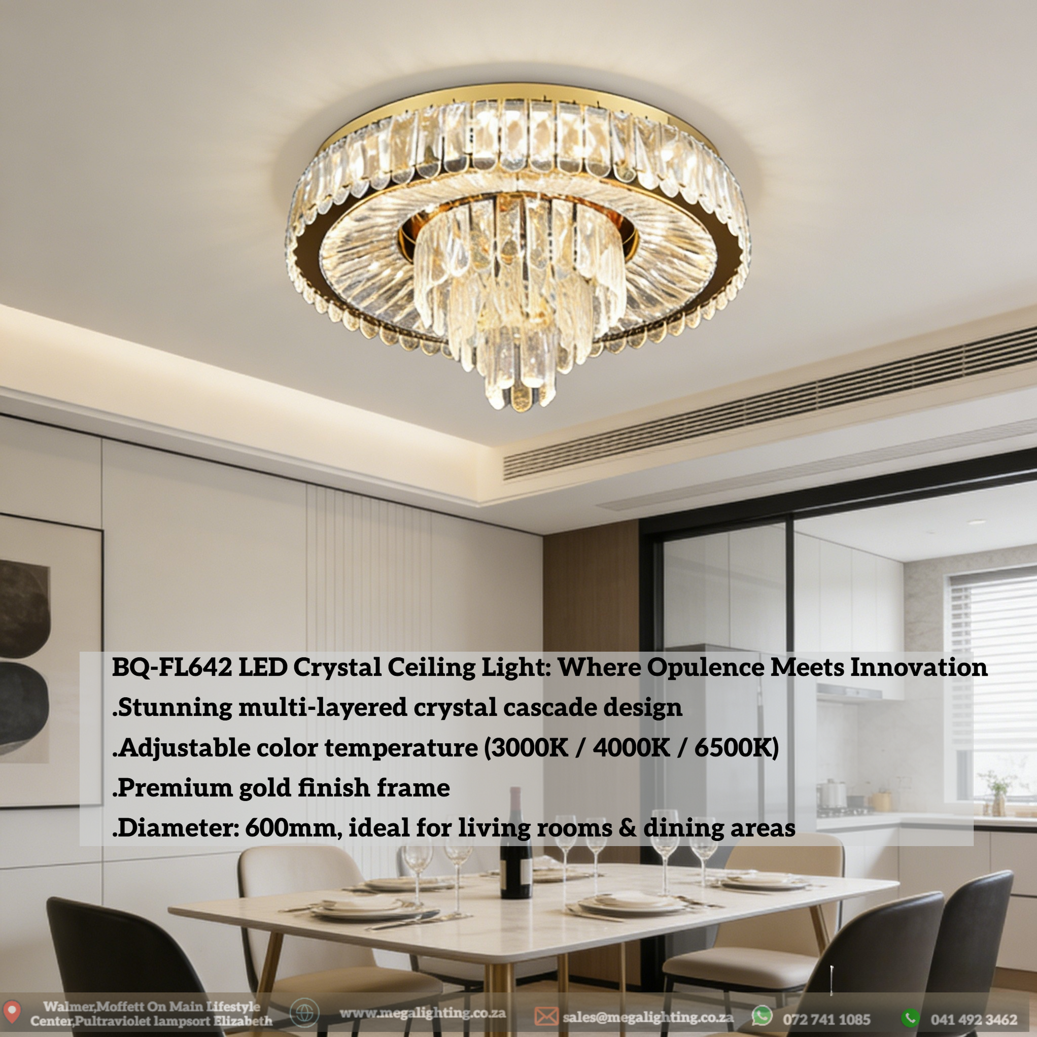 600mm Sparkling Multi-Tier Crystal LED Ceiling Lamp – Dimmable & Energy ...